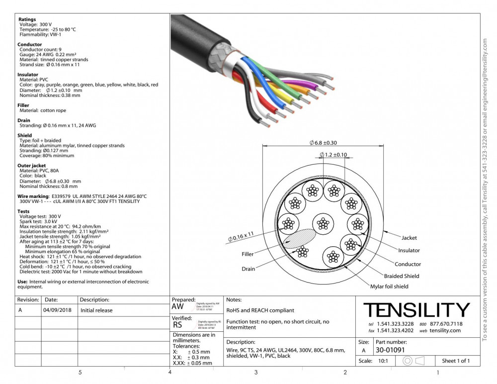 Tensility International 30-01091 cable product drawing and specification sheet