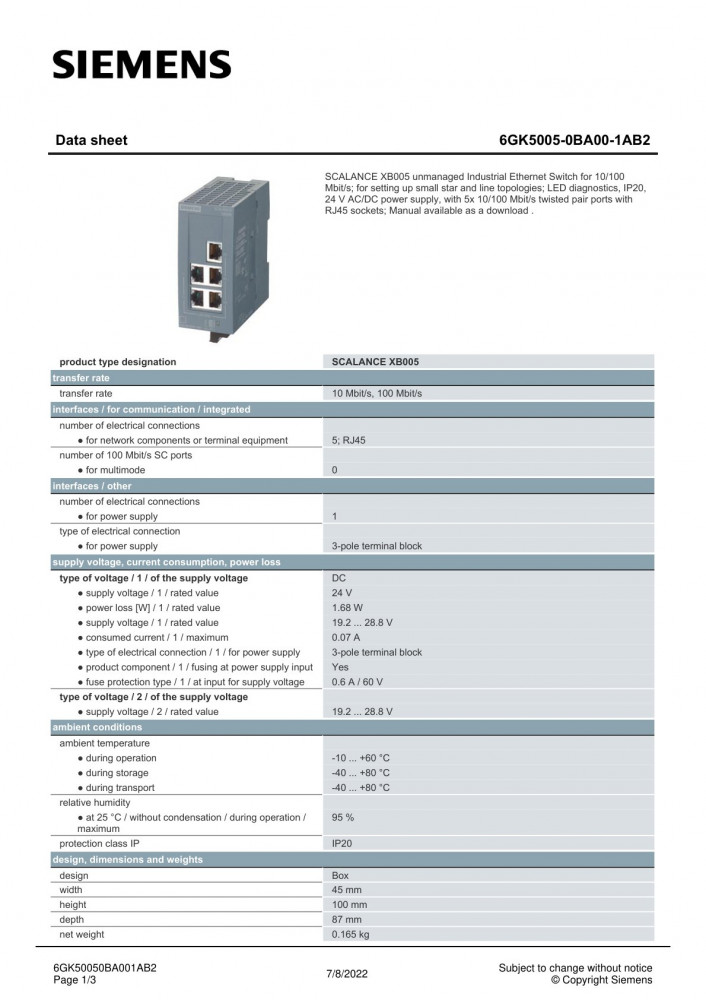 SCALANCE XB005 technical document page 1