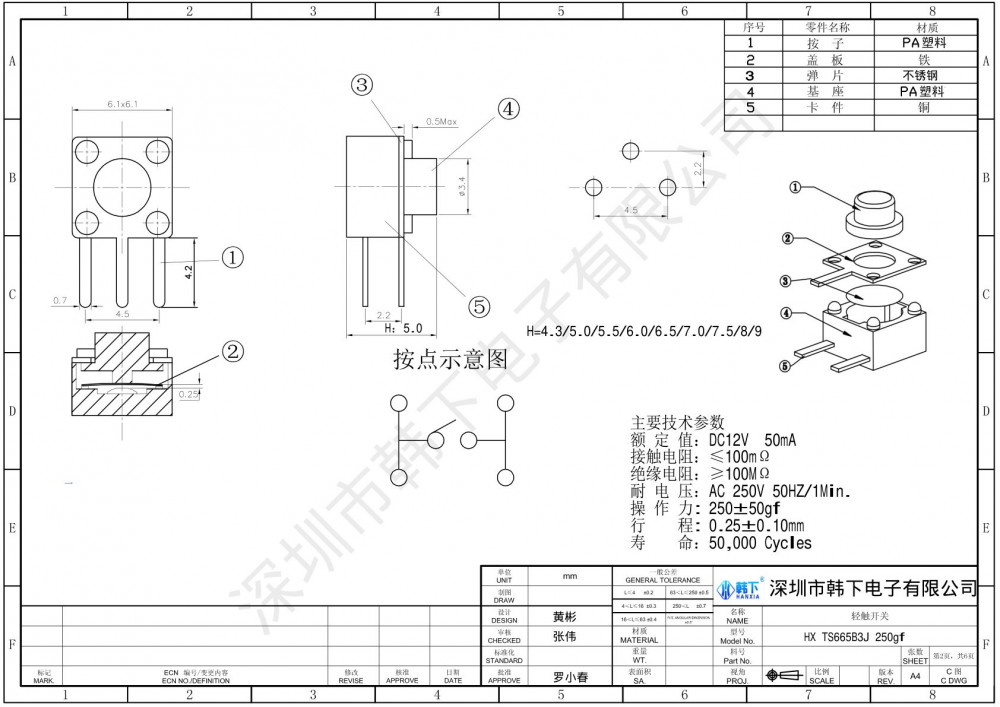 HX TS665B3J 250gf specification page 1