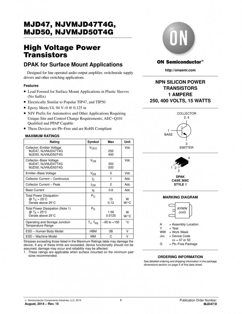 MJD50T4G datasheet page 1