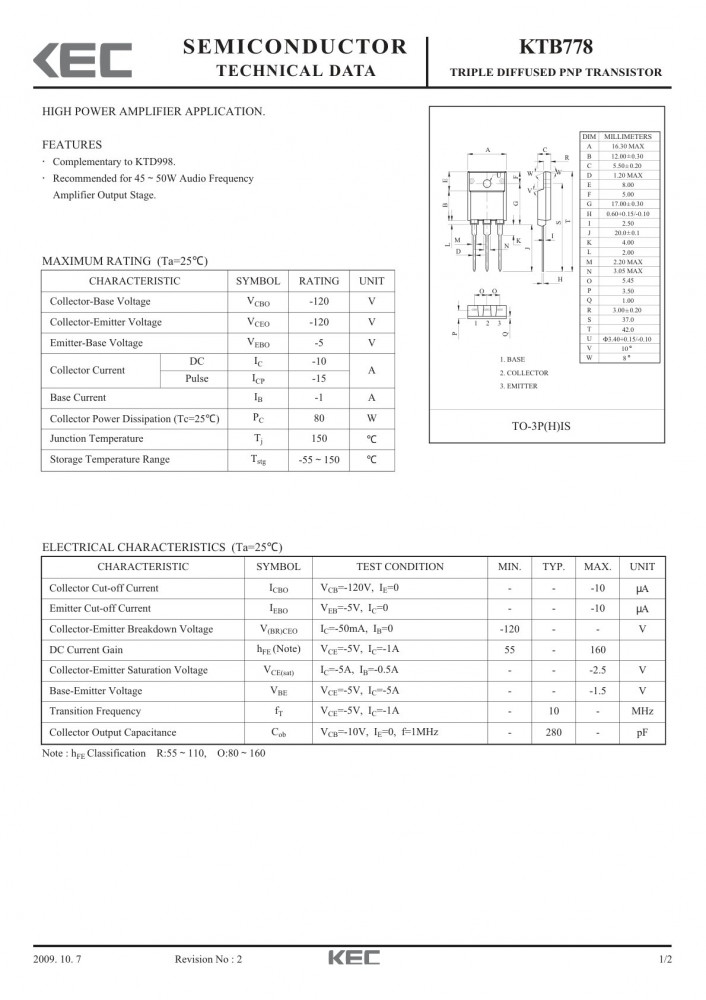 KEC KTB778-O-U/P datasheet page 1