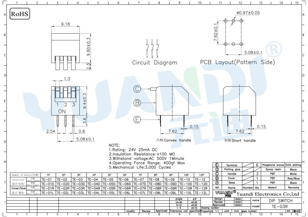 YUANDI TE-03R technical drawing and specification page