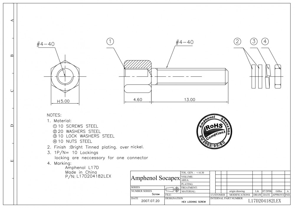 Amphenol L17D204182LEX technical drawing and product documentation