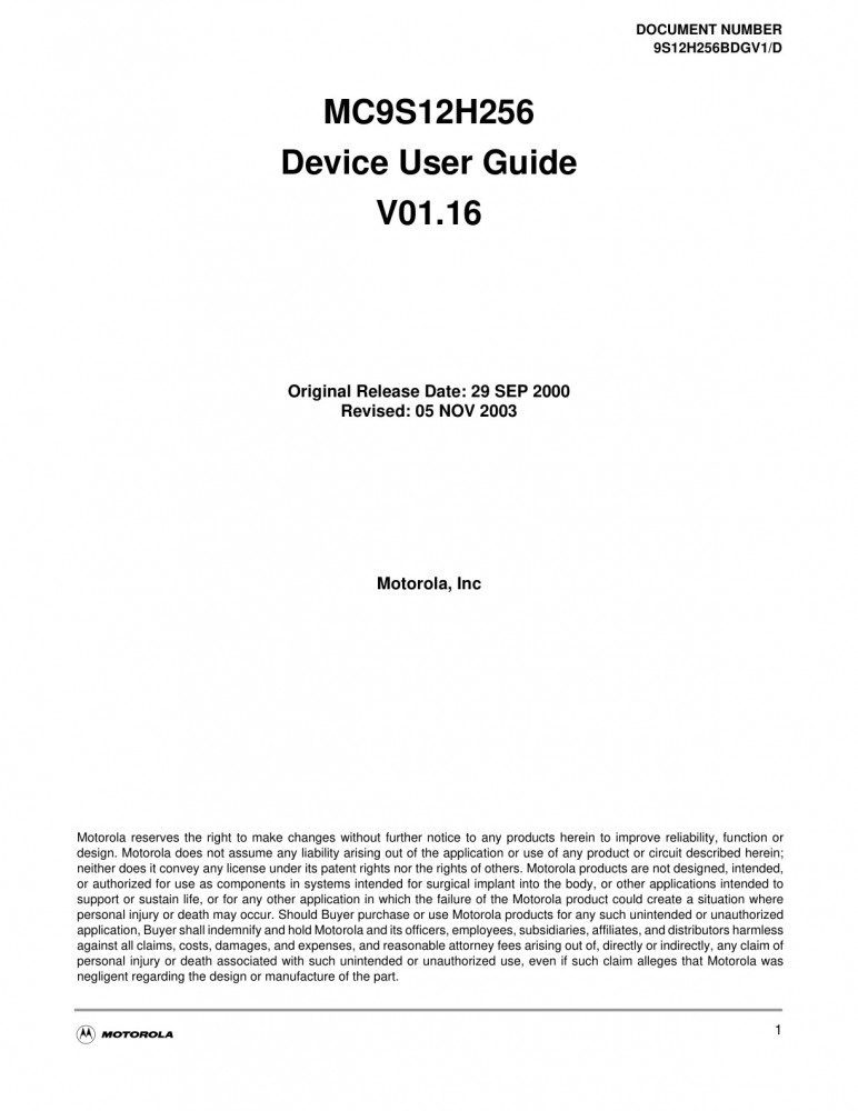 MC9S12H256 document page 1