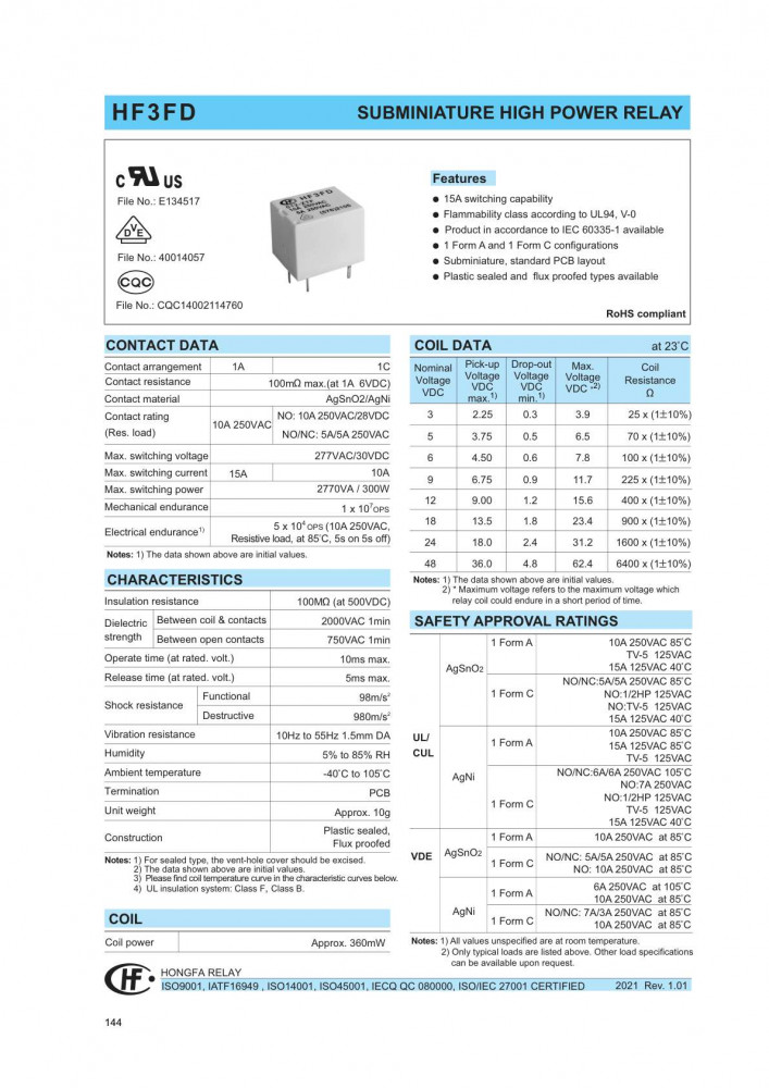 HF3FD relay technical document page 1