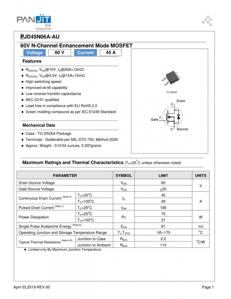 PJD45N06A-AU datasheet page 1