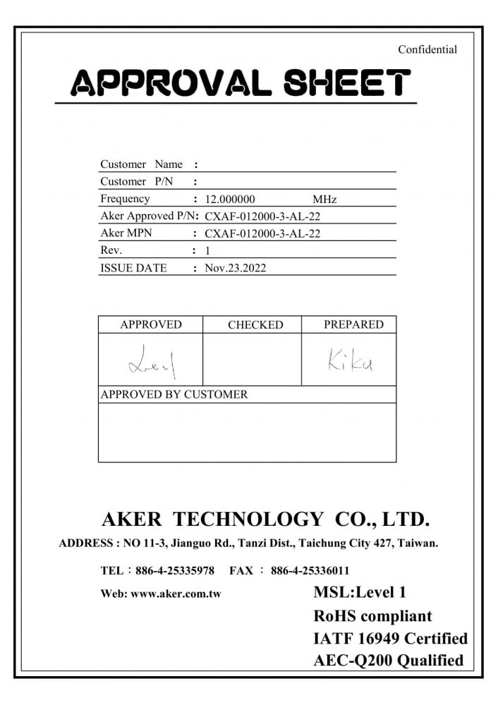 AKER CXAF-012000-3-AL-22 approval sheet page 1