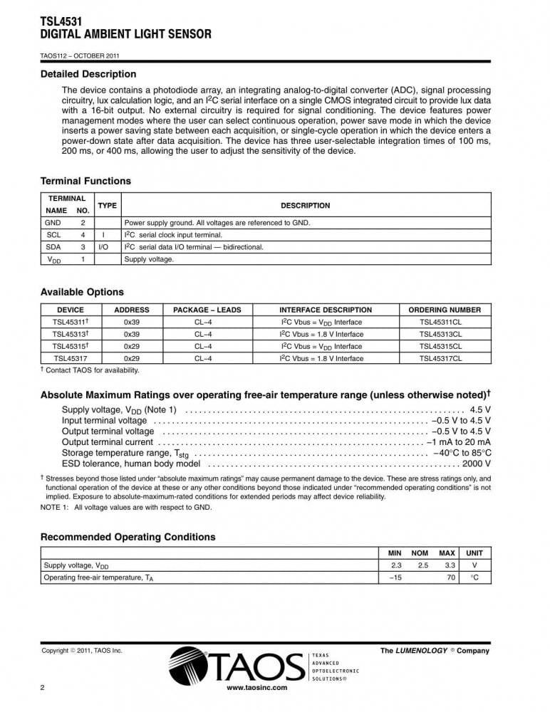 TSL4531 technical document page 2