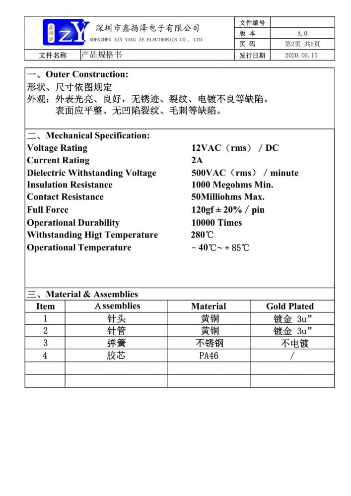 YZ85915058P-07025-01 specification page 1