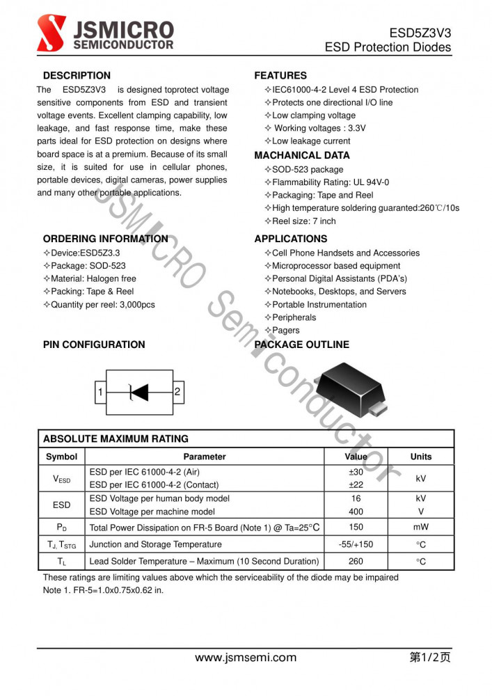 ESD5Z3V3 datasheet page 1