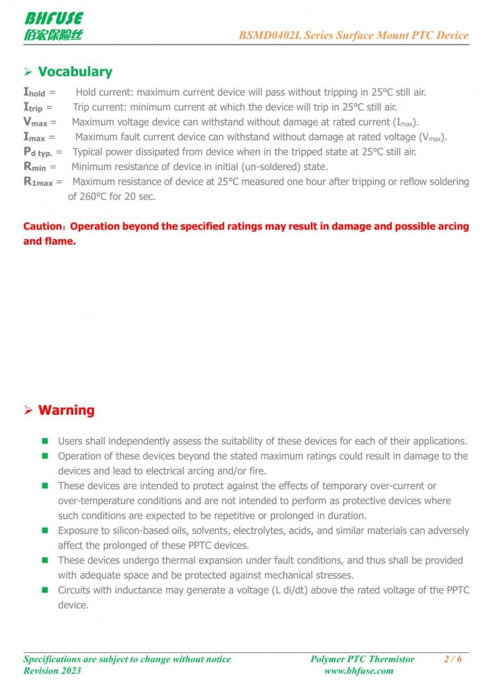 BHFUSE BSMD0402L series datasheet page 2