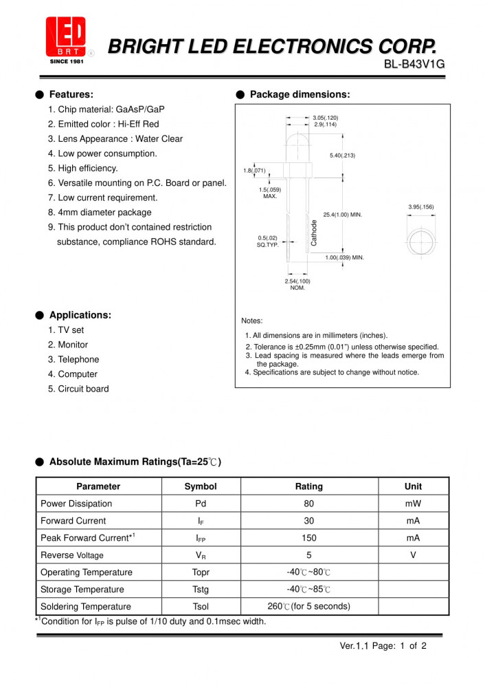BL-B43V1G datasheet page 1