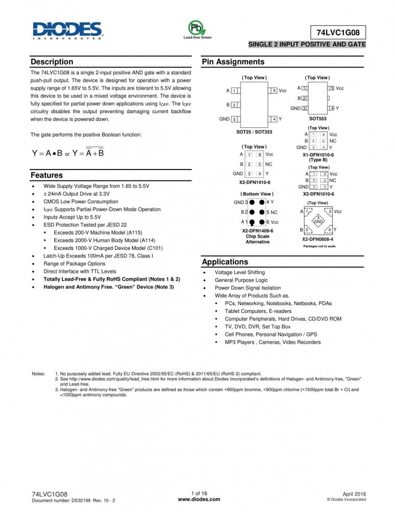 74LVC1G08SE-7 datasheet page 1