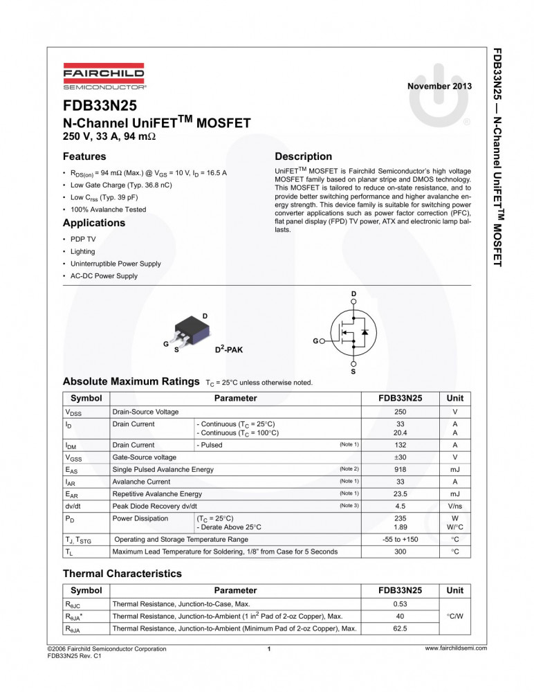 FDB33N25TM datasheet page 2