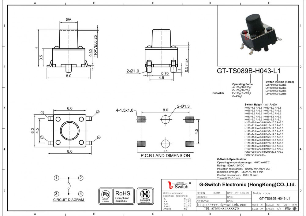 G-Switch GT-TS089B-H043-L1 technical drawing