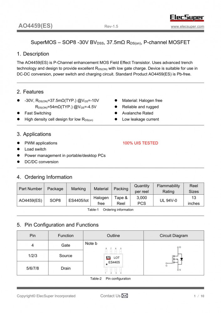 AO4459(ES) datasheet page 1
