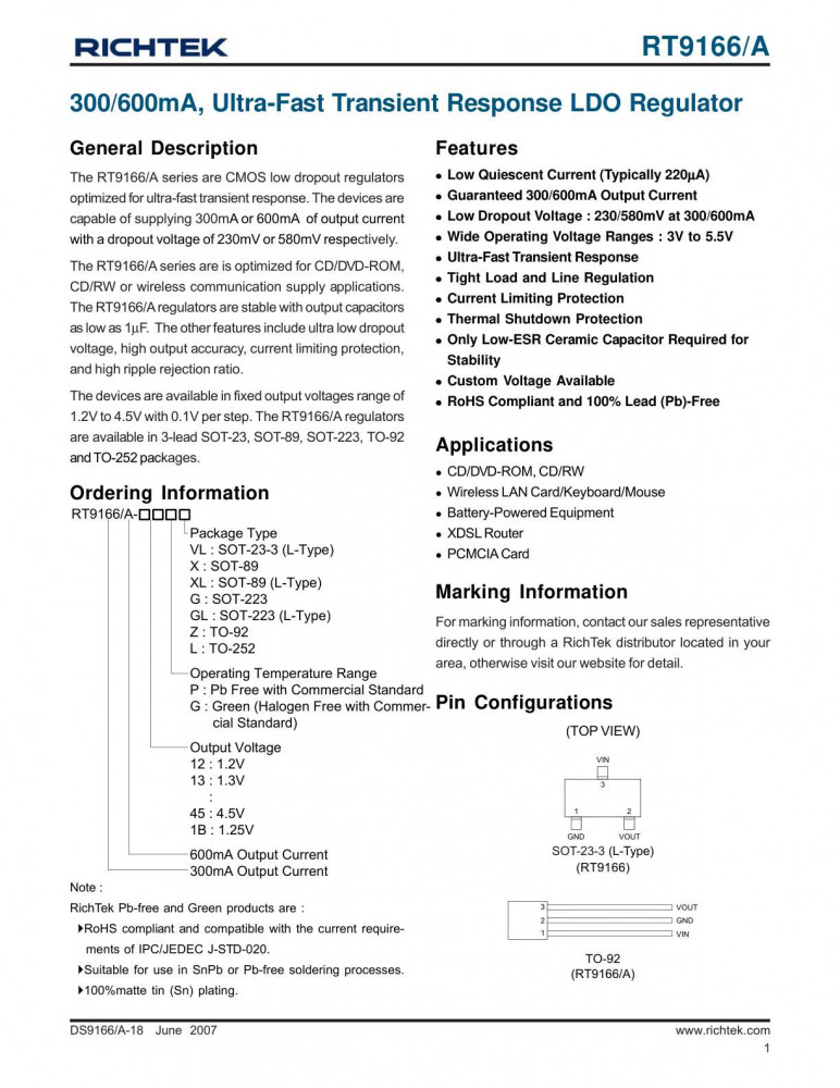 RT9166 datasheet page 1