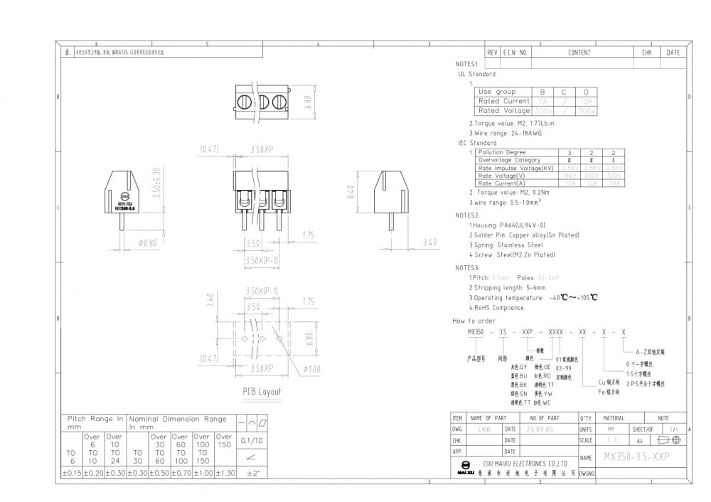 MX350-3.5 series technical document page