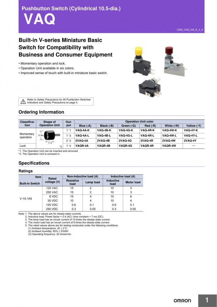 OMRON VAQ-4B-K datasheet page 1