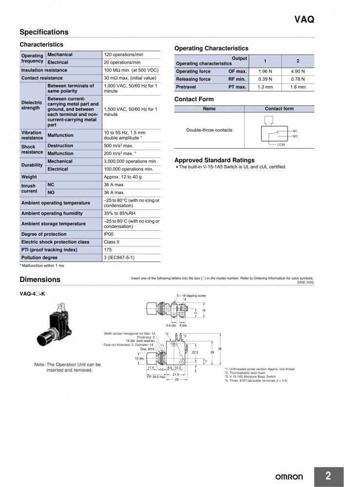 OMRON VAQ-4B-K datasheet page 2
