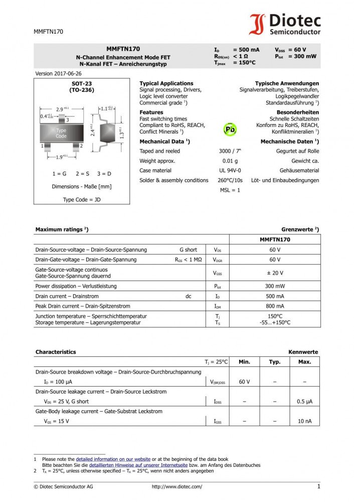 DIOTEC MMFTN170 datasheet page 1
