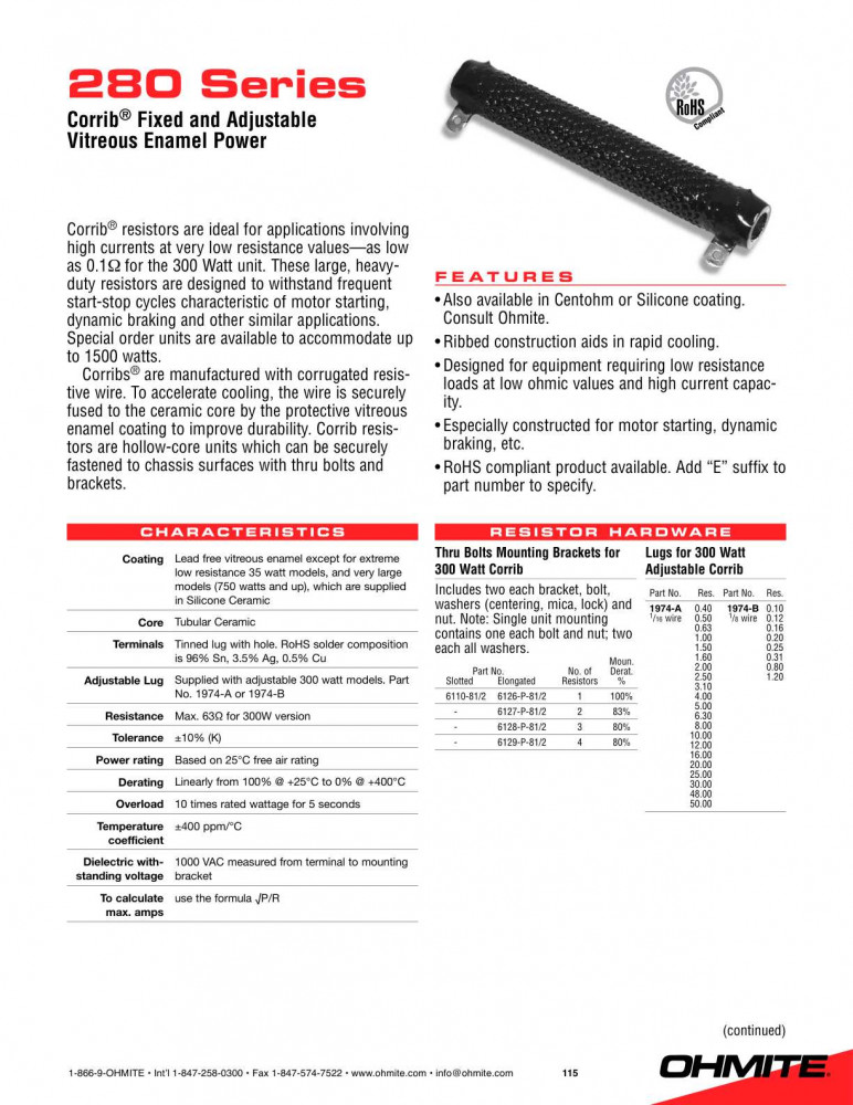 Ohmite 280 Series Corrib resistor datasheet page 1