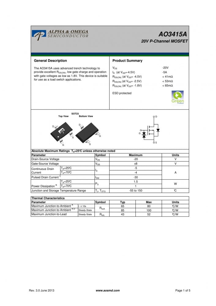 AO3415A datasheet page 1