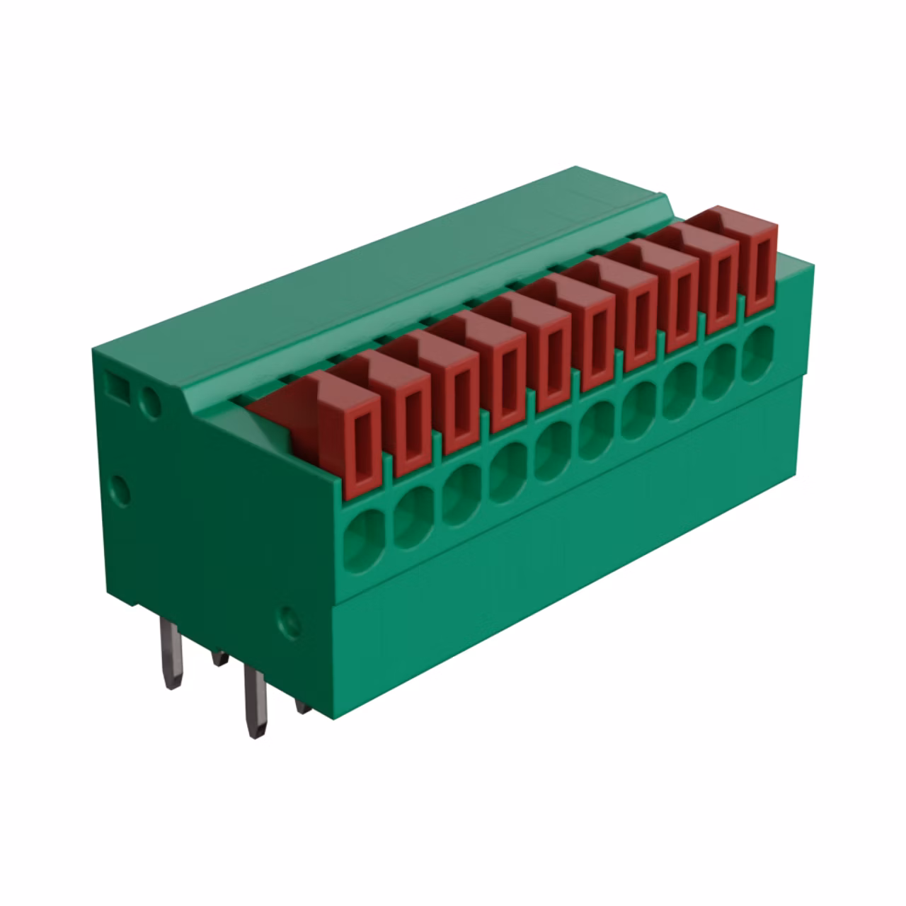 2.54mm Pitch, Eurostyle Fixed-Mount Push-Button Terminal Block, Horizontal, 6A, 26-18 AWG, Green, 10 Circuits for sale