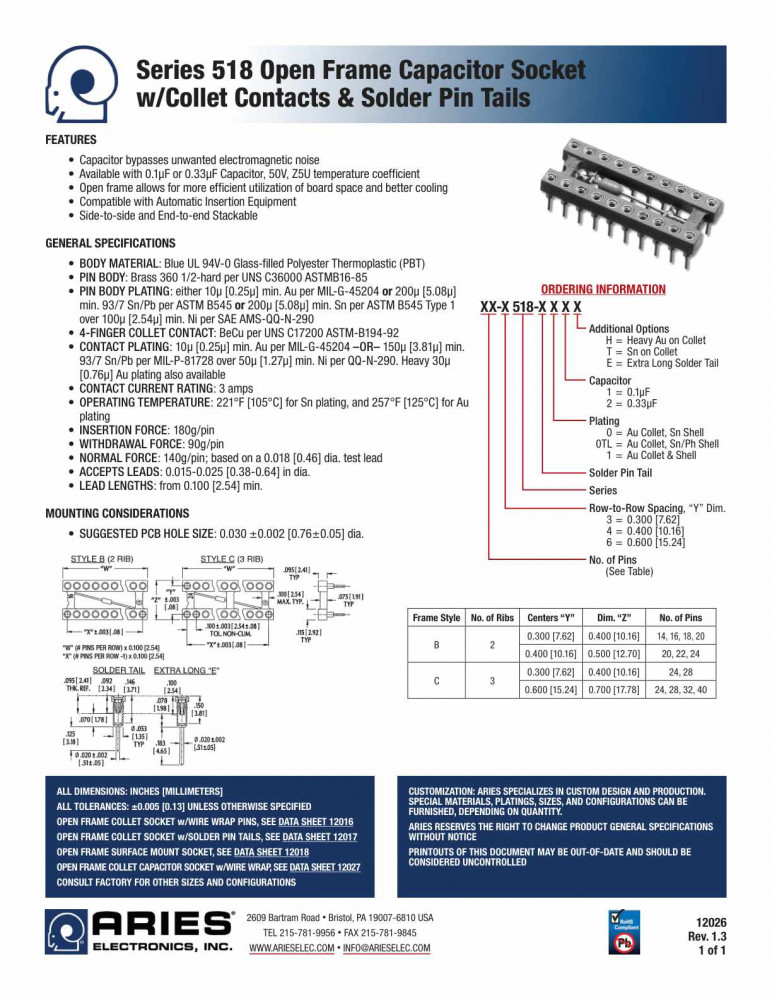 Aries Electronics Series 518 open-frame capacitor socket datasheet page