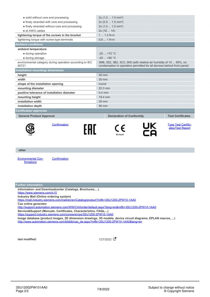 SIEMENS 3SU12002PW101AA0 datasheet page 2