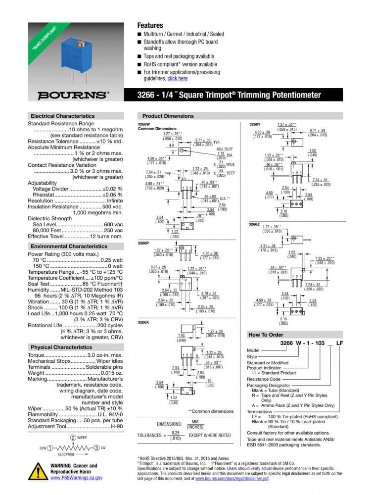 BOURNS 3266 series datasheet page 1