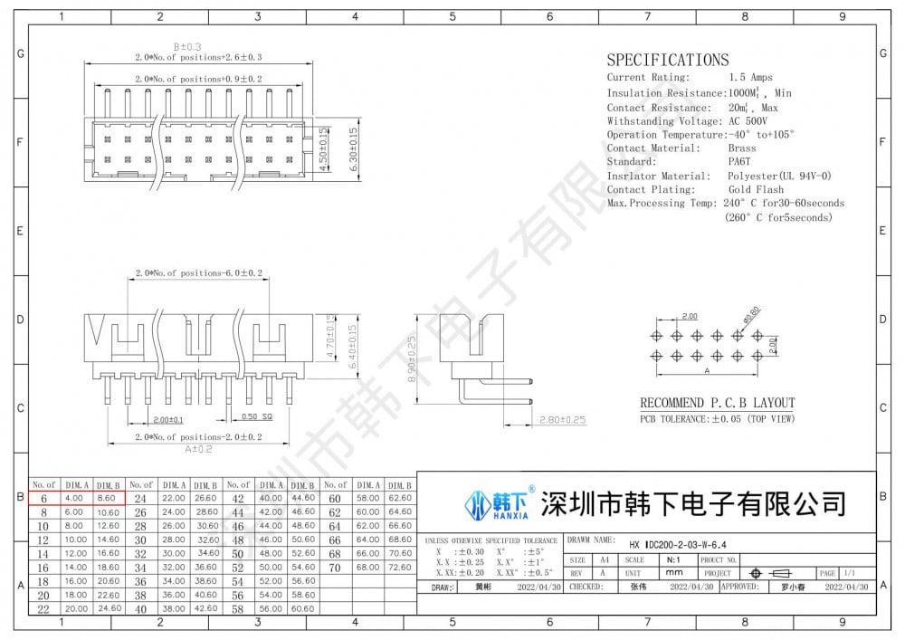 HX IDC200-2-03-W-6.4 technical drawing
