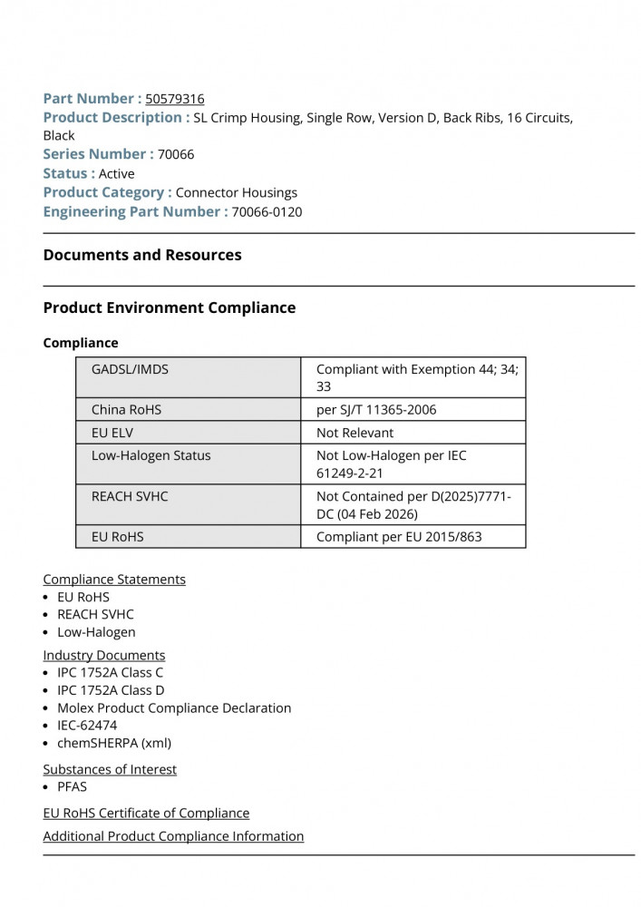MOLEX 50579316 technical document image, page 1