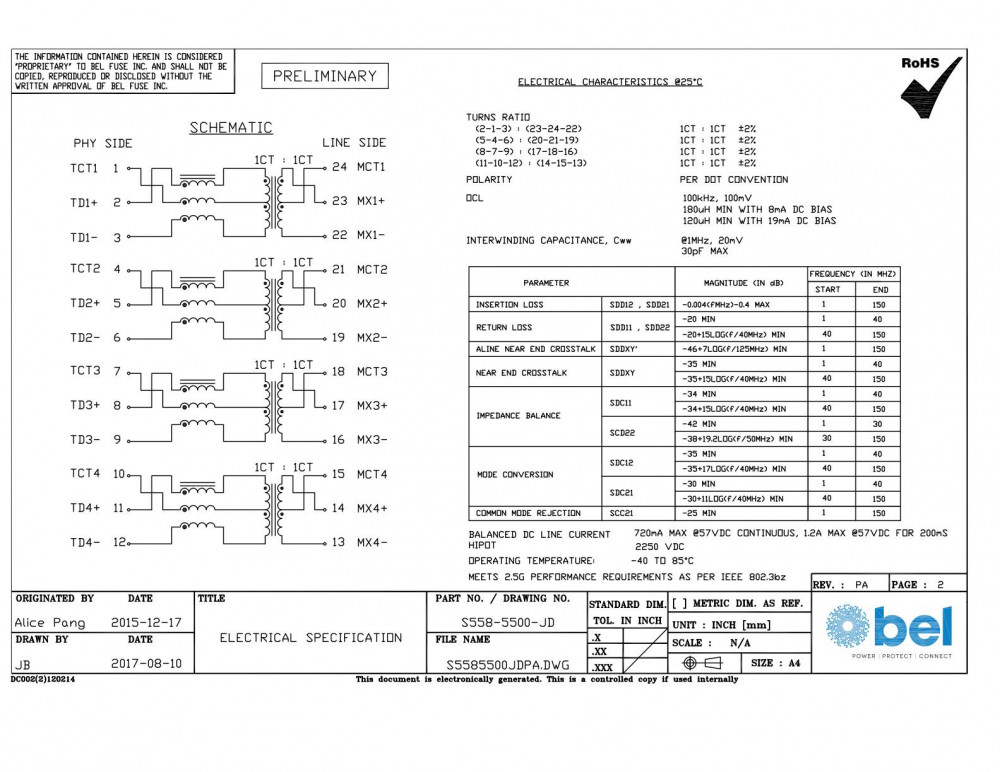 Bel Fuse S558-5500-JD electrical specification drawing