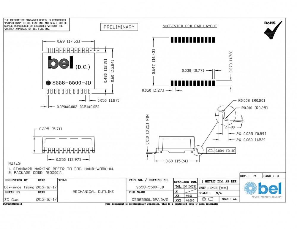 Bel Fuse S558-5500-JD mechanical outline drawing