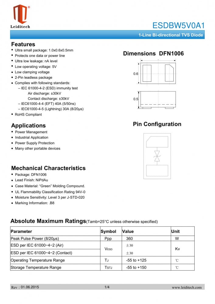 ESDBW5V0A1 datasheet page 1