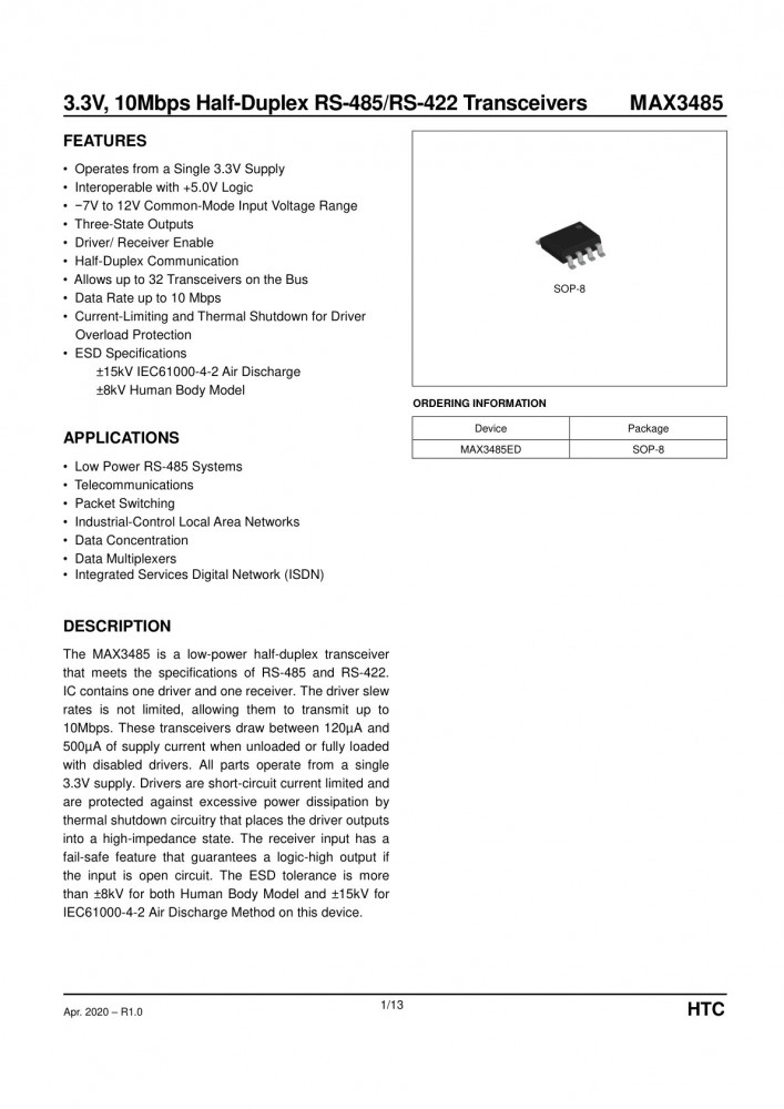 MAX3485ED datasheet page 1