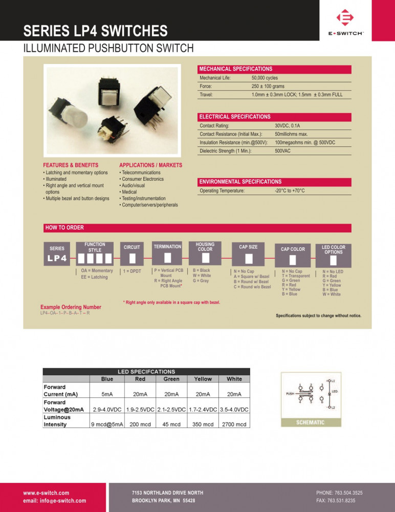 LP4 illuminated pushbutton switch datasheet page 1