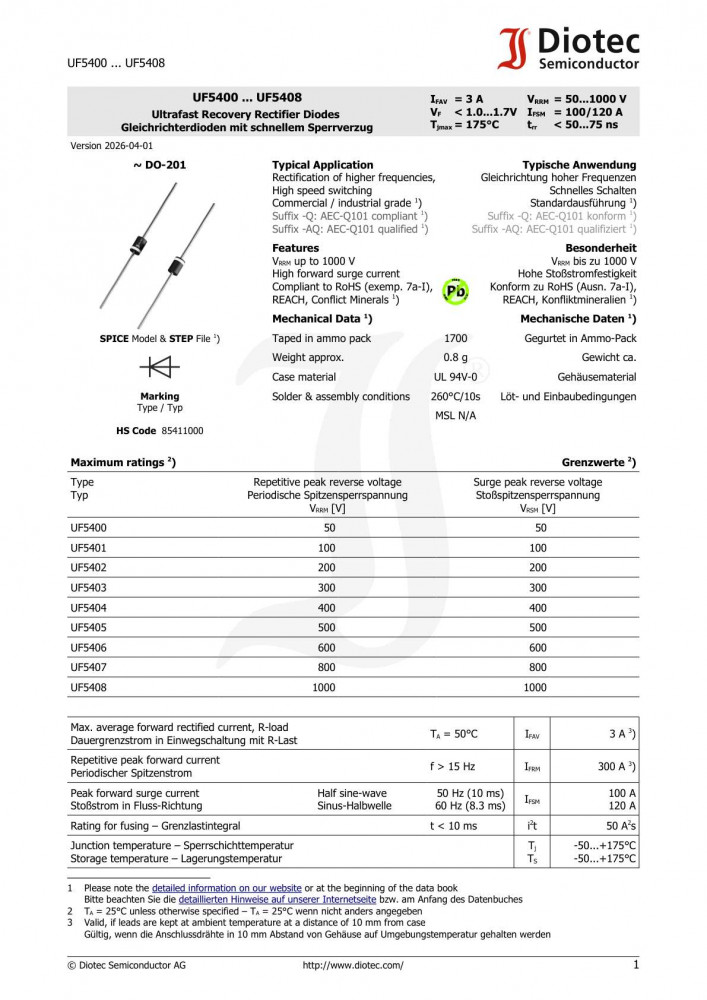 DIOTEC UF5405 datasheet image, page 1