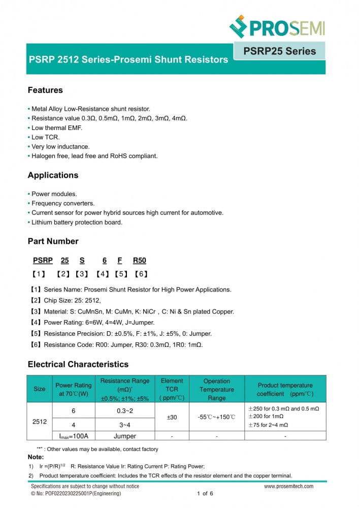 PSRP 2512 series datasheet page 1