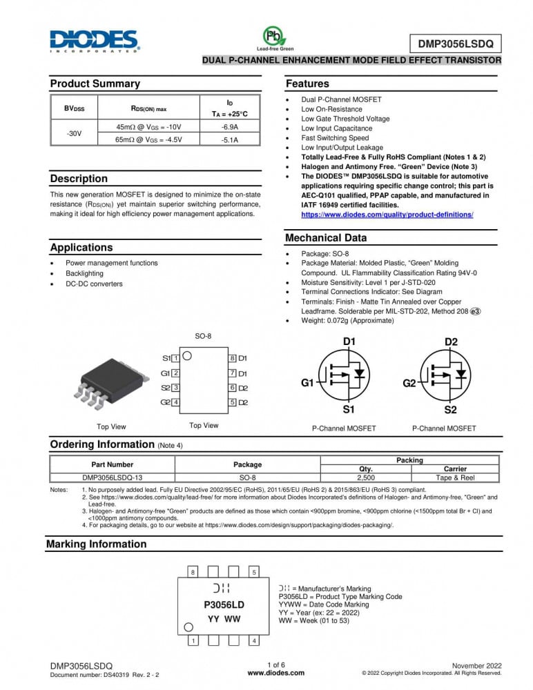 DMP3056LSDQ-13 datasheet page 1