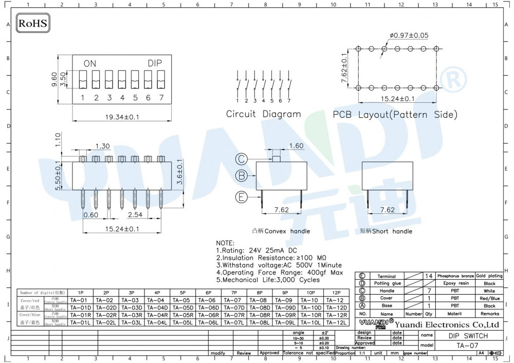 YUANDI TA-07 DIP switch technical drawing