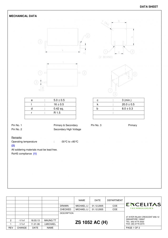 ZS1052 AC(H) mechanical data, pin assignment, dimensions and environmental notes
