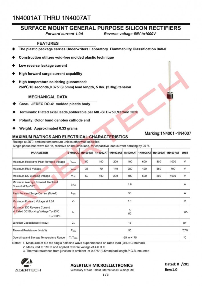 Agertech 1N4007AT datasheet page 1