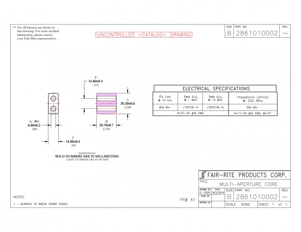 Fair-Rite 2861010002 technical drawing and electrical specifications