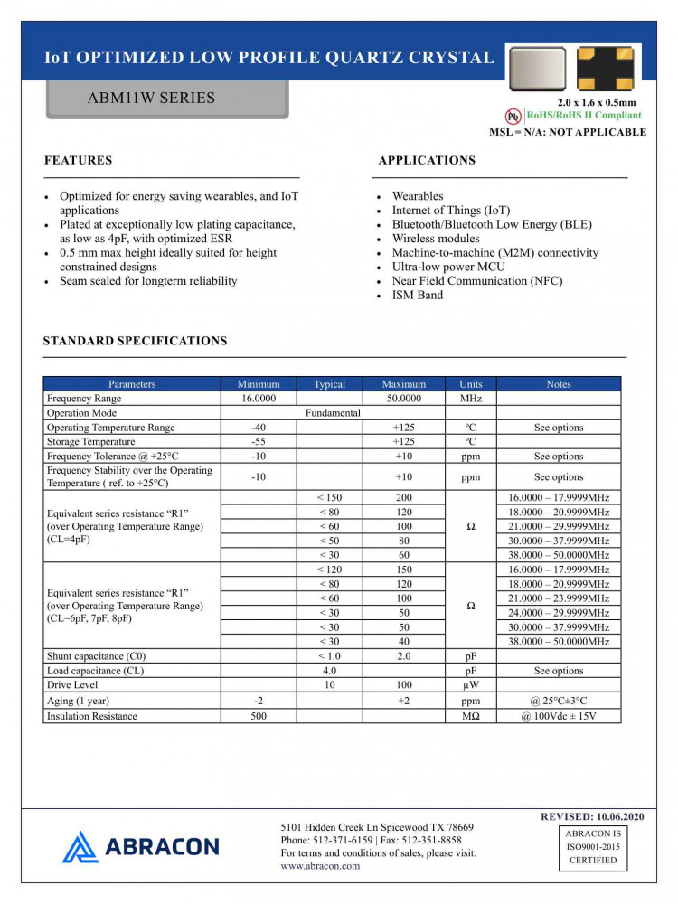 ABM11W series datasheet page 1: features and standard specifications