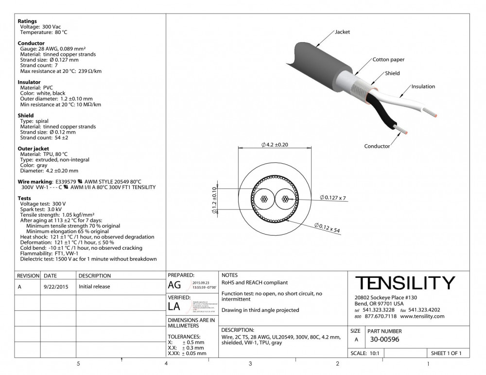 Tensility International 30-00596 cable drawing and specification sheet