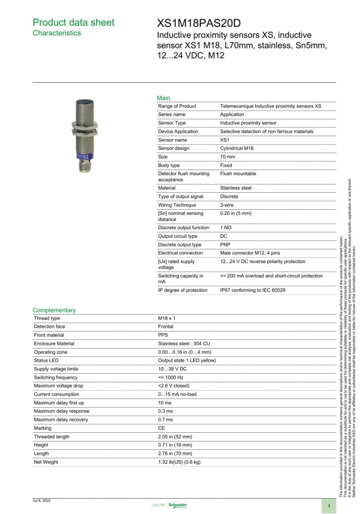 XS1M18PAS20D technical document page 1