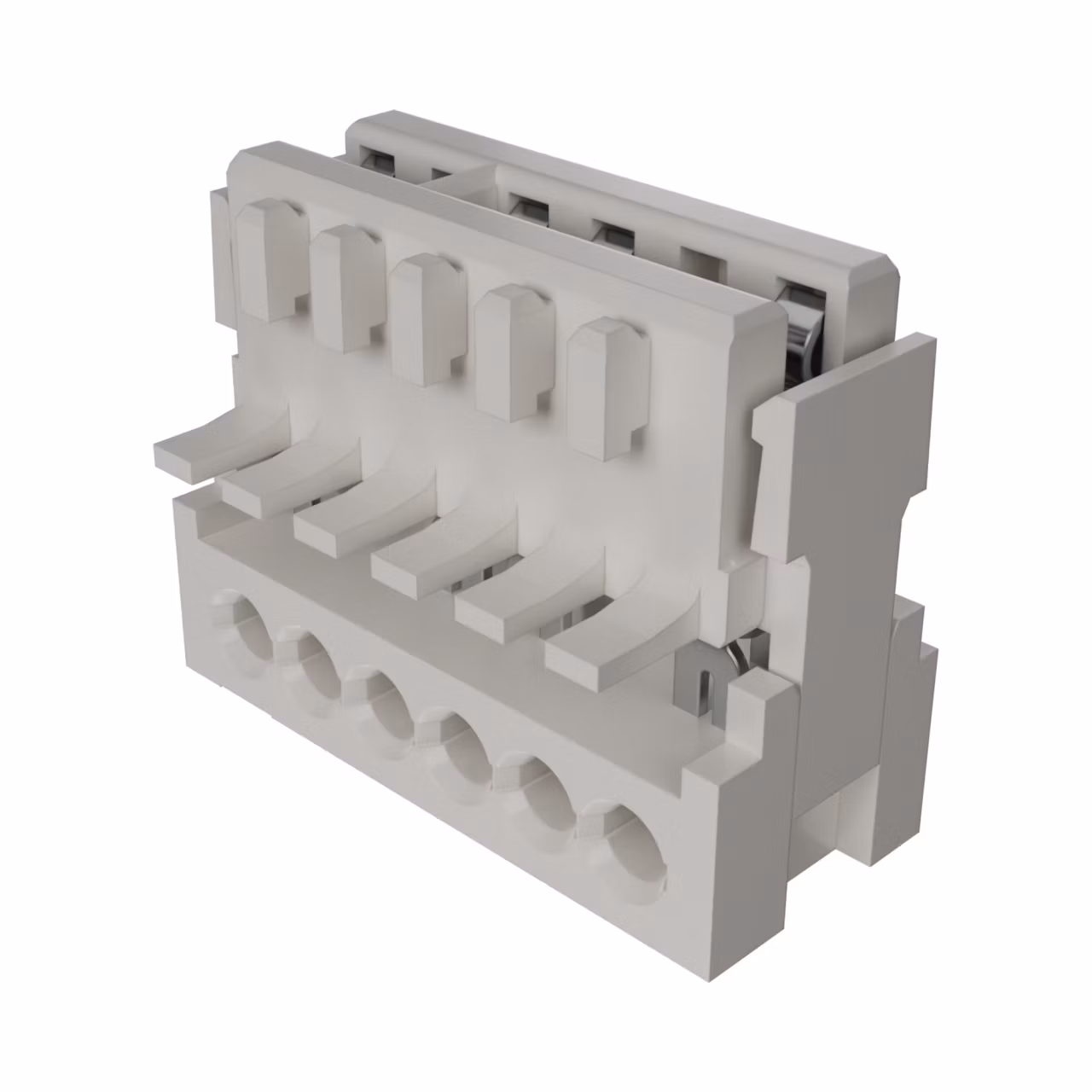 Appli-Mate RAST 2.5 IDT Housing, 2.50mm Pitch, with Side Latches, Female, 6 Circuits, Position Keys A & G Removed, Polarizing Rib Between 2/3, Voided Circuits 2 & 5, Black Color Stripe for sale