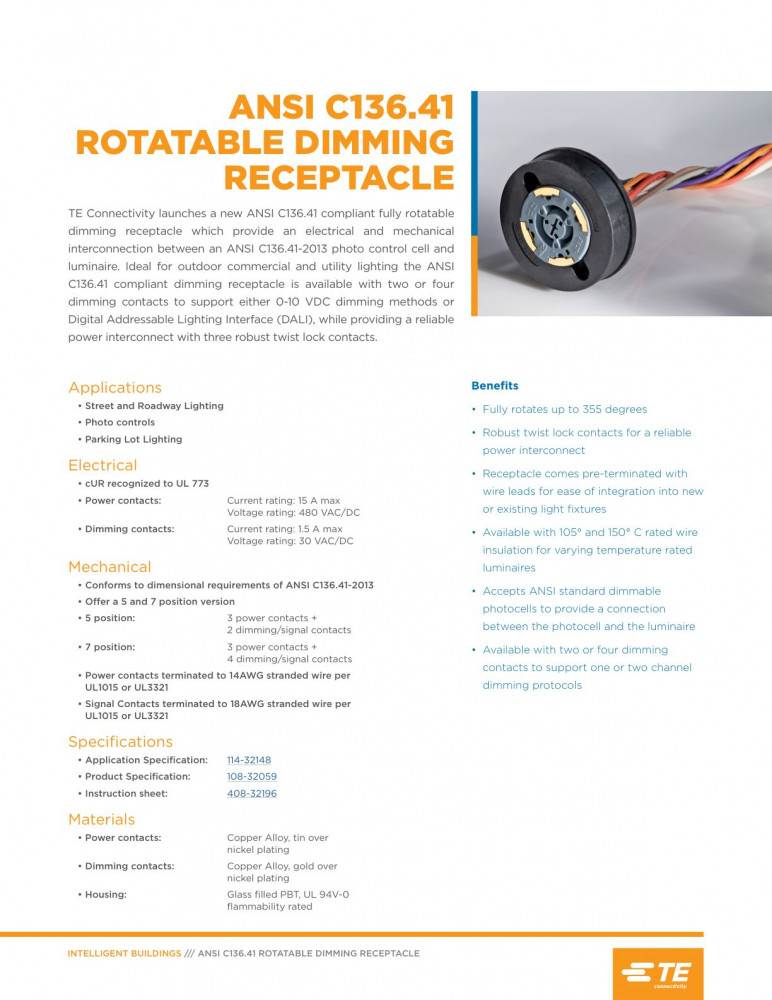 TE Connectivity ANSI C136.41 rotatable dimming receptacle documentation page 1